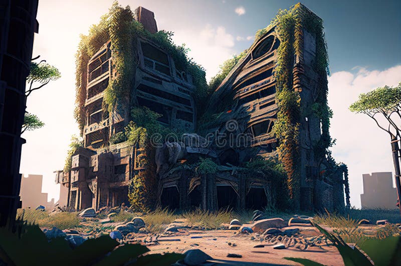 Post-apocalyptic Scenery with Destroyed Building Structures Stock ...