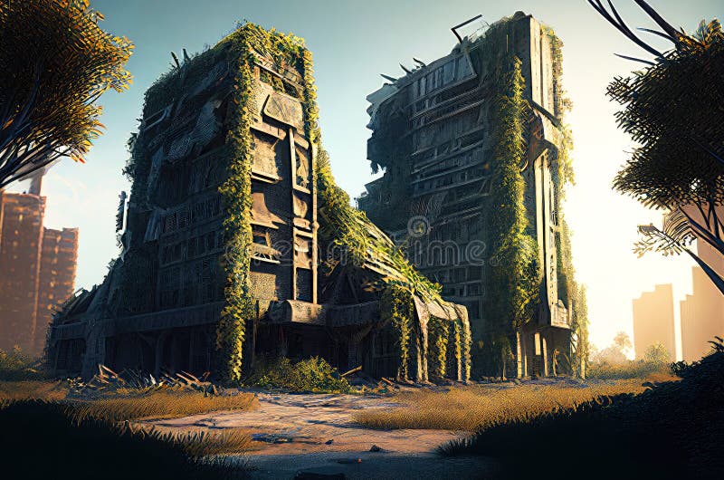 Post-apocalyptic Scenery with Destroyed Building Structures Stock ...