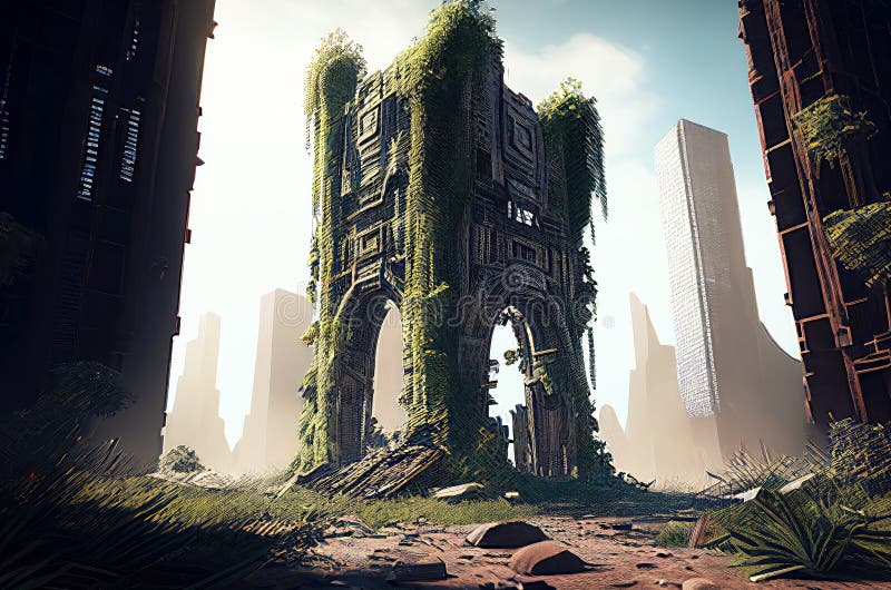 Post-apocalyptic Scenery with Destroyed Building Structures Stock ...