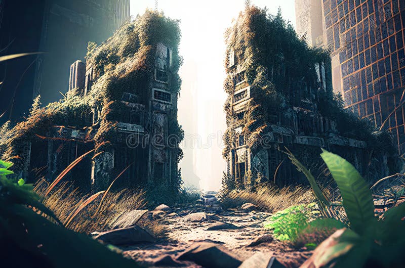 Post-apocalyptic Scenery with Destroyed Building Structures Stock ...