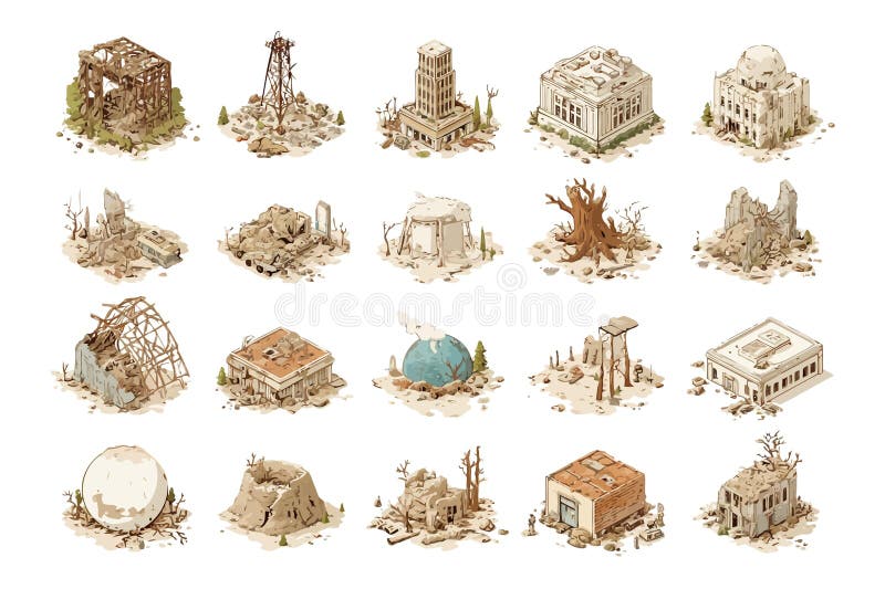 Post Apocalyptic Set Isometric Collection Isolated Stock Vector ...