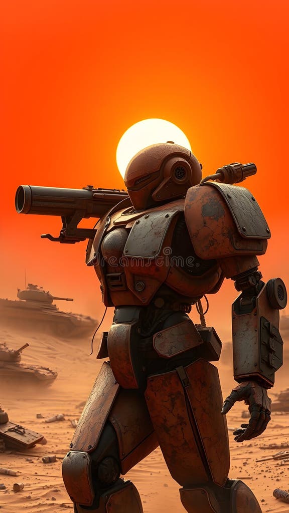 Post-Apocalyptic Soldier Android Marching through Desert Debris with ...