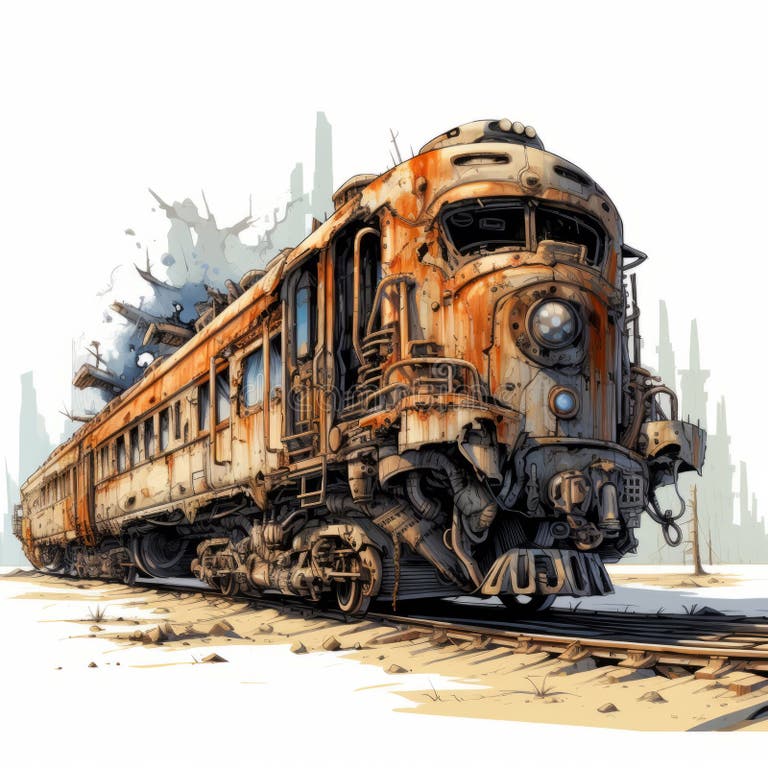 Post-apocalyptic Steampunk Train Illustration on White Background Stock ...