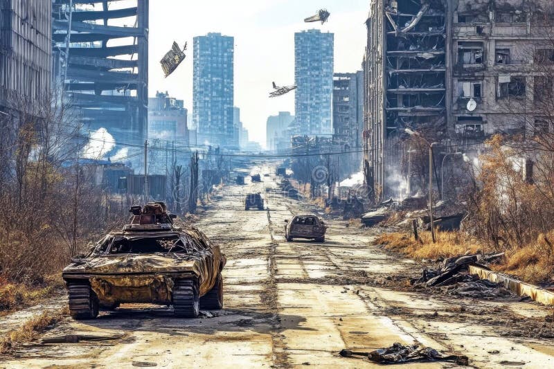Post Apocalyptic Urban Ruins with Abandoned Vehicles and Devastation ...