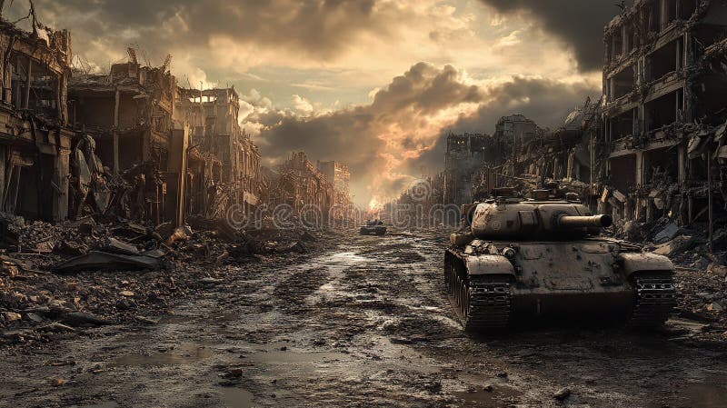 Post-Apocalyptic War Zone with Tanks in Destroyed City Street Stock ...