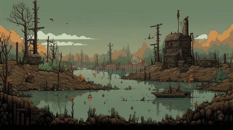 Post-apocalyptic Wetland in 16-bit Pixel Art Style Stock Illustration ...