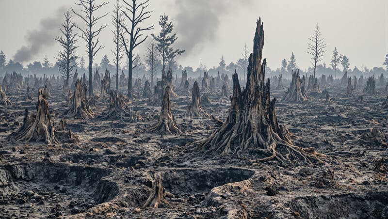 Post Battlefield with Charred Stumps and Craters Thick with Acrid Smoke ...