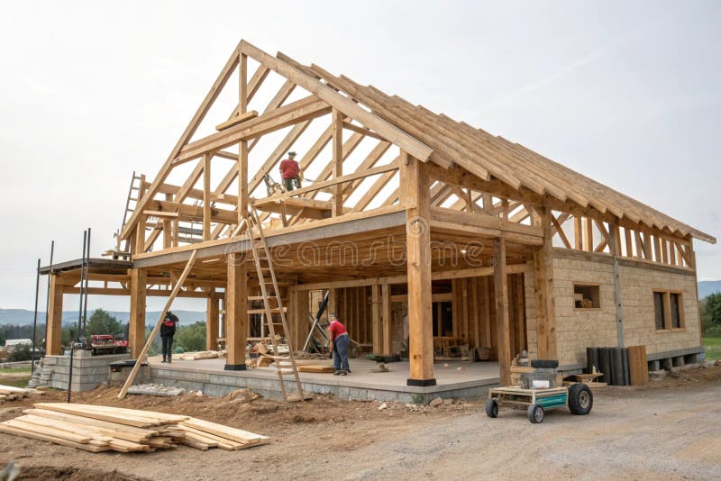 Post and Beam Construction for New House Stock Illustration ...