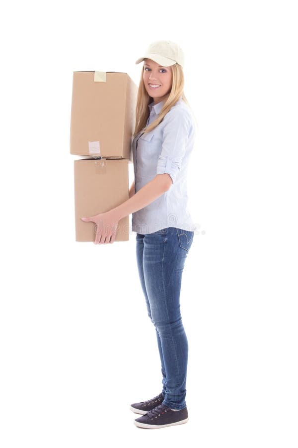 Post Delivery Woman with Carboard Boxes Isolated on White Stock Photo ...