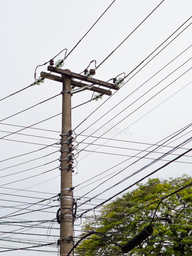 Post with Electric Transmission Wires on White Background Stock Image ...