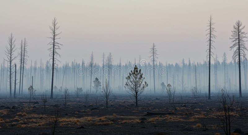 Post Fire Forest Landscape: Grey Haze, Burnt Trees, and Ash Covered ...