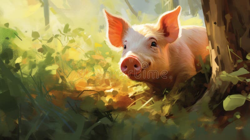 Post-impressionism Illustration: Pig Squealing in the Grass Stock ...