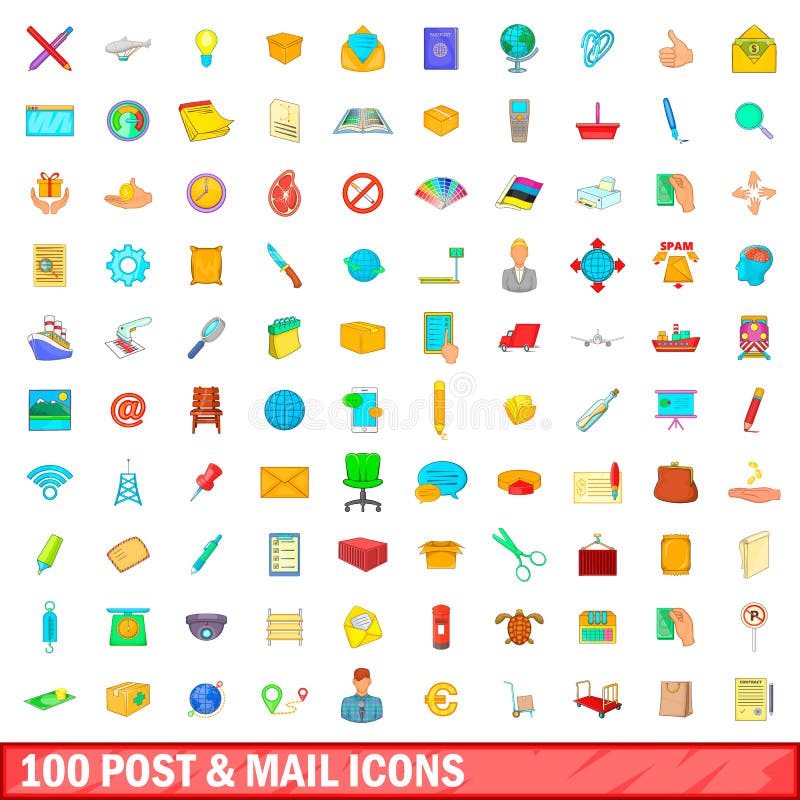 100 Post and Mail Icons Set, Cartoon Style Stock Vector - Illustration ...