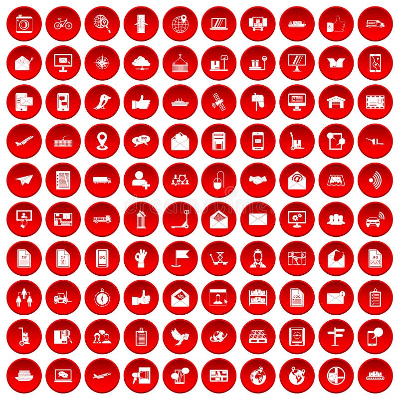 100 Post and Mail Icons Set Red Stock Vector - Illustration of control ...