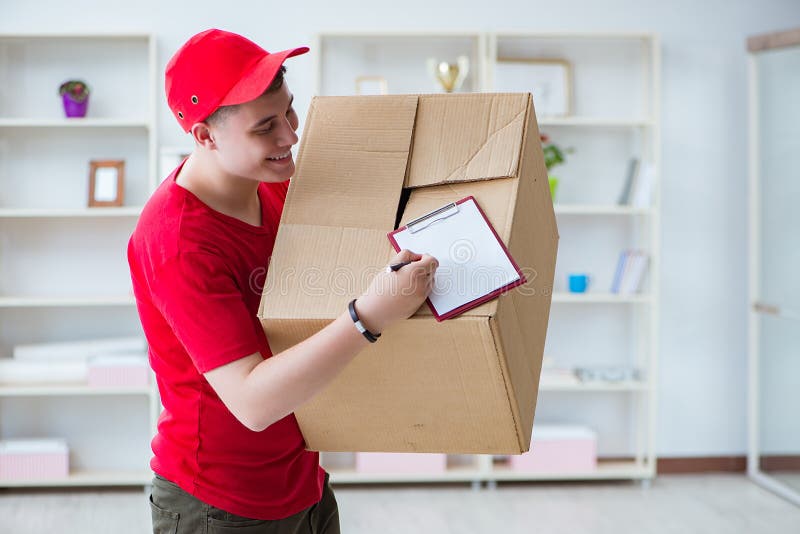 The post man delivering a parcel package. Freight, demonstrating ...