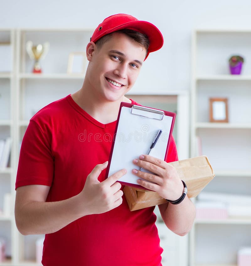 The Post Man Delivering a Parcel Package Stock Image - Image of ...