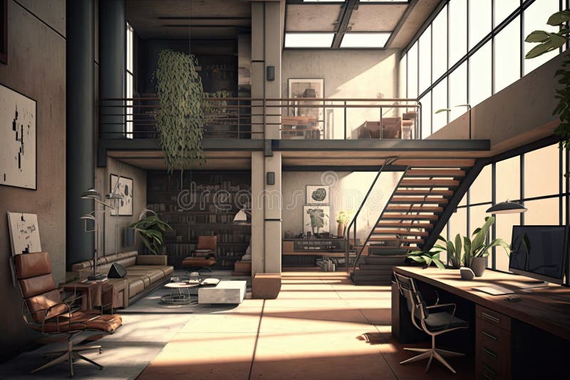 Post Modern Office Space, Vintage Tones, Loft Style. Stock Illustration ...