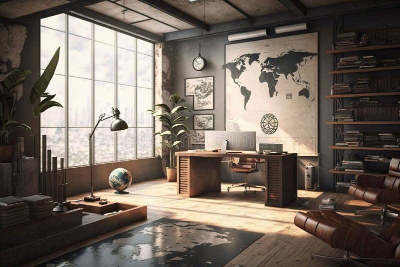 Post Modern Office Space, Vintage Tones, Loft Style. Stock Illustration ...