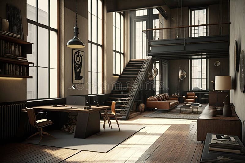 Post Modern Office Space, Vintage Tones, Loft Style. Stock Illustration ...