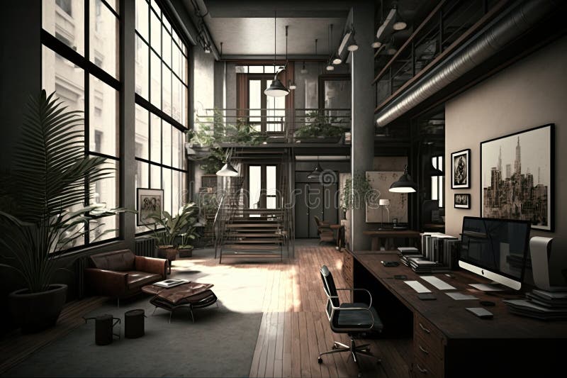Post Modern Office Space, Vintage Tones, Loft Style. Stock Illustration ...