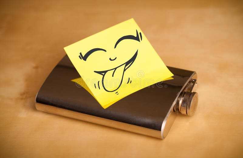 Post-it Note with Smiley Face Sticked on Hip Flask Stock Image - Image ...
