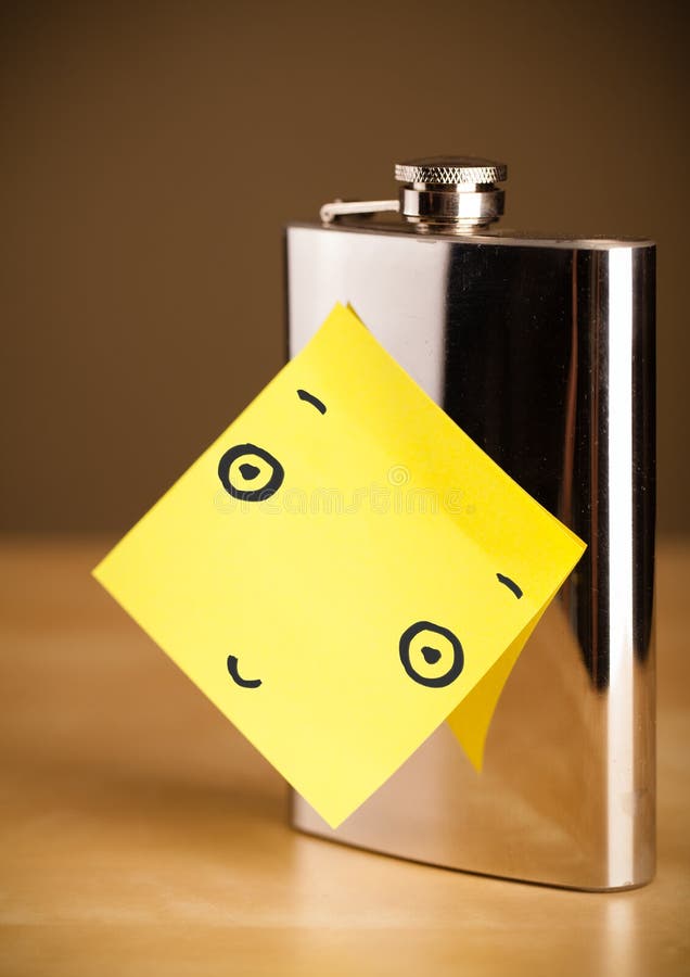 Post-it Note with Smiley Face Sticked on a Hip Flask Stock Image ...