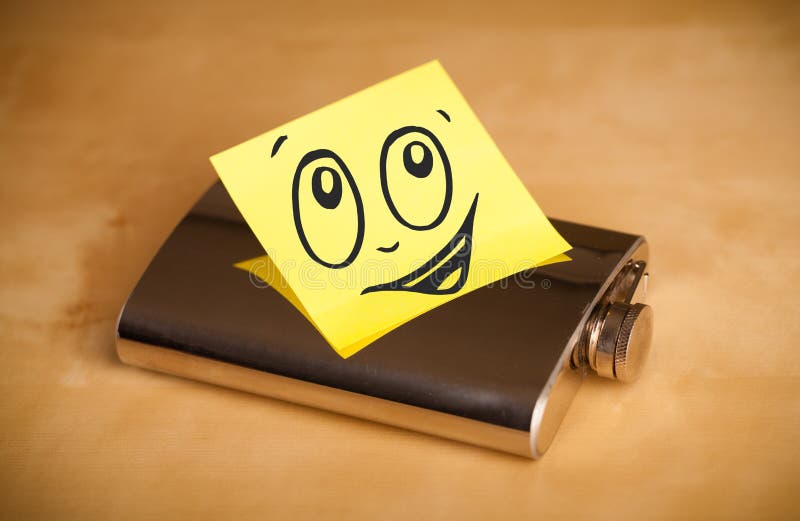 Post-it Note with Smiley Face Sticked on Hip Flask Stock Photo - Image ...
