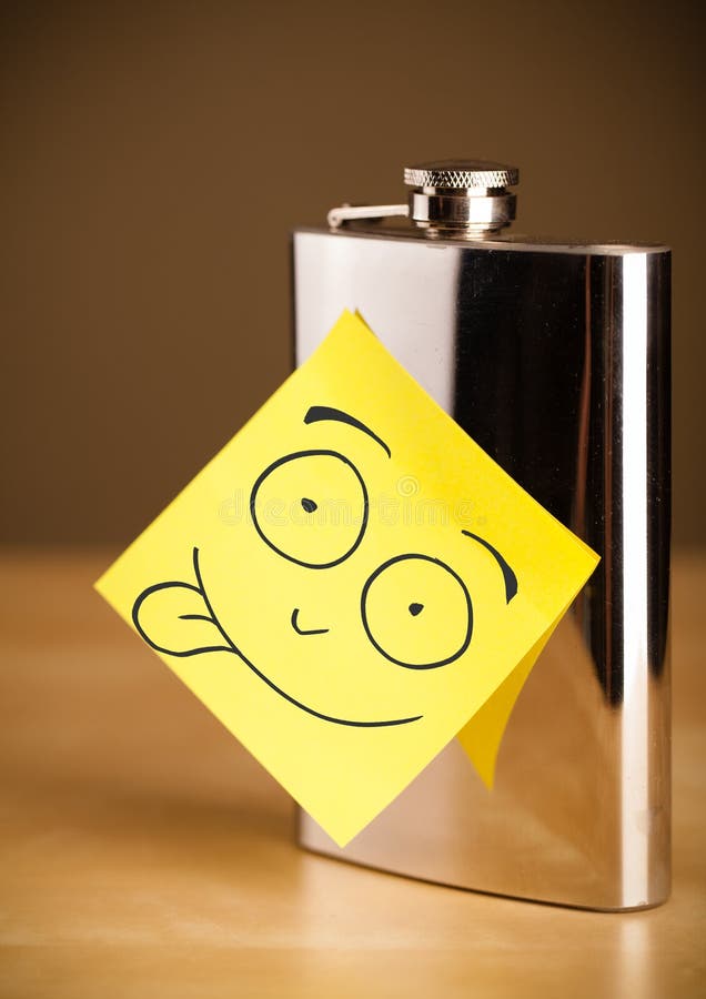 Post-it Note with Smiley Face Sticked on a Hip Flask Stock Photo ...