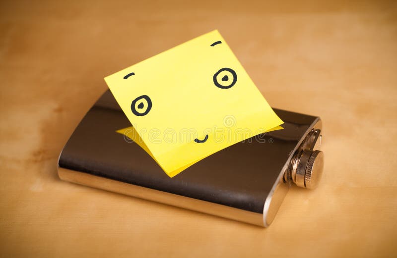 Post-it Note with Smiley Face Sticked on a Hip Flask Stock Image ...