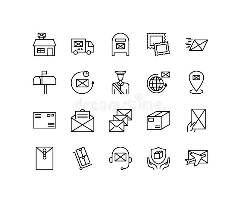 Post Office Line Icons Set. Post Service Stock Vector - Illustration of ...