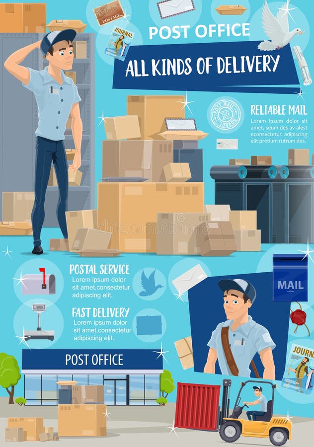 Postman at Post Office with Mail, Parcel, Letter Stock Vector ...