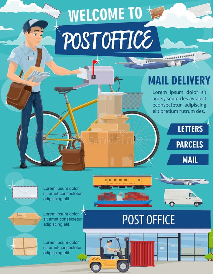 Postman Poster with Post Office and Mail Delivery Stock Vector ...