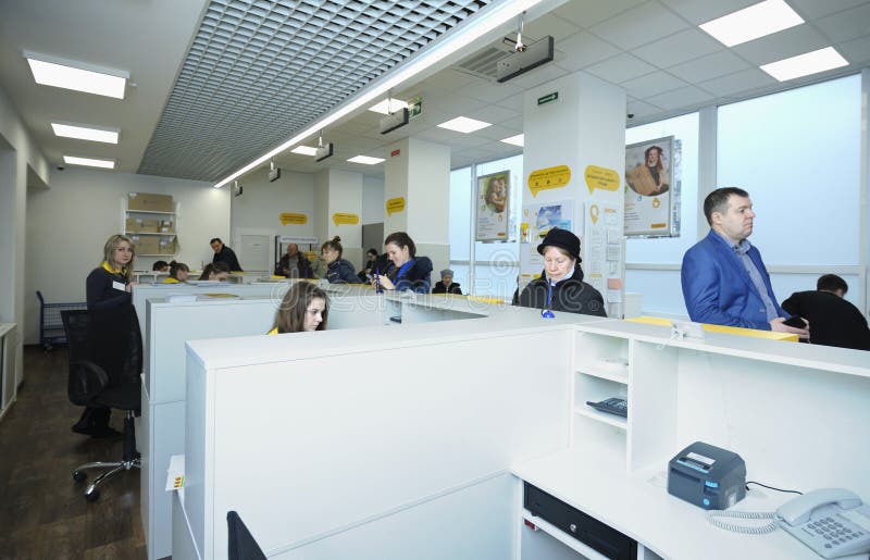 At the Post Office, Reception: Postal Worker Sitting at the Desk Set ...