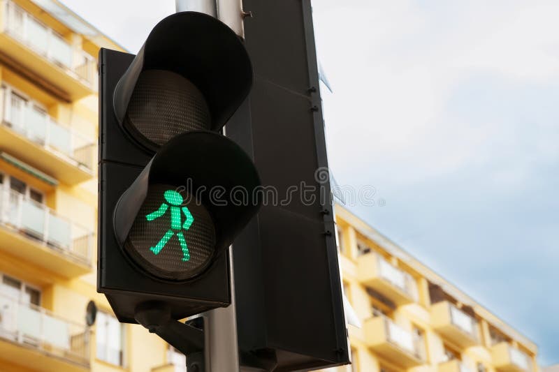 Post with Pedestrian Crossing Traffic Sign Near Building in City on ...