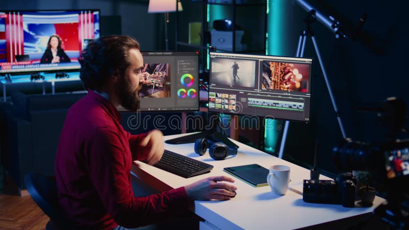 Videographer Filming Internet Guide on Video Footage Correcting Stock ...