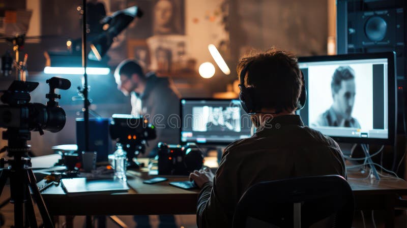 Post-production Studio with Editors Working Stock Illustration ...