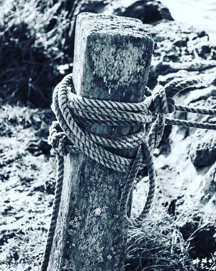 Post with rope stock photo. Image of harbour, monochrome - 182064504