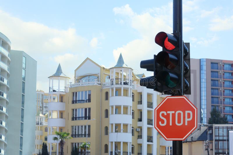 Post with Sign Stop Near Traffic Lights Outdoors, Space for Text Stock ...