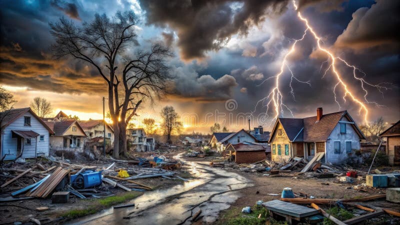 Post-storm Sunset Over a Devastated Residential Area Showing the ...