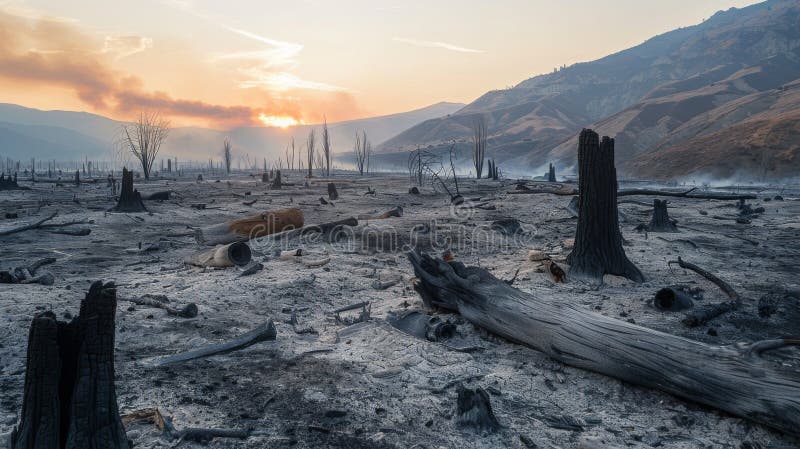 Post-Wildfire Landscape at Sunset Stock Image - Image of burnedout ...