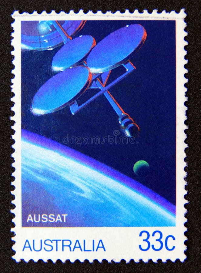 Postage Stamp Australia, 1986. AUSSAT Satellite, Moon and Earth Surface ...