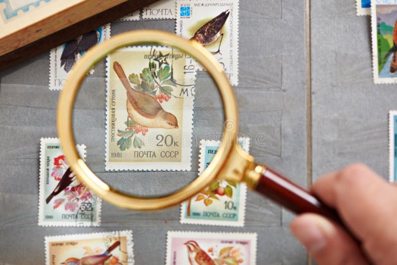 Postage Stamp with Birds Under Magnifier on Album Editorial Image ...