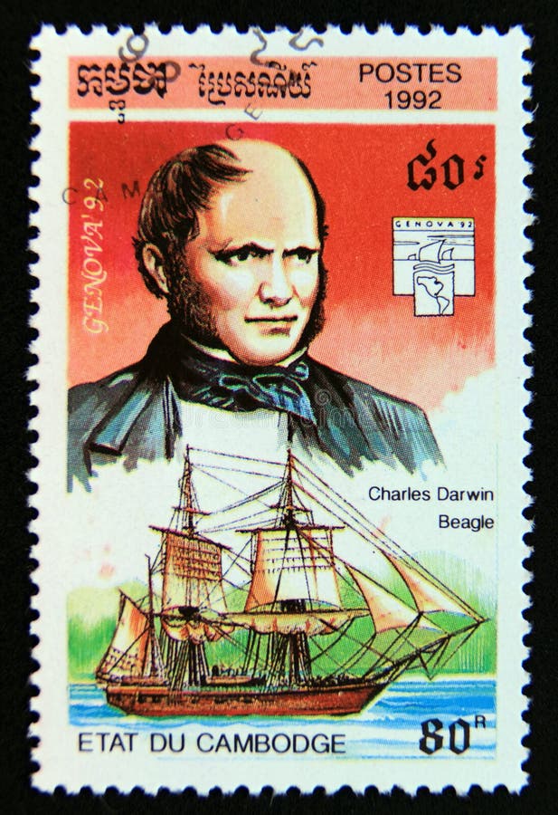 Postage Stamp Cambodia, 1992. Charles Darwin Portrait, Beagle Ship ...