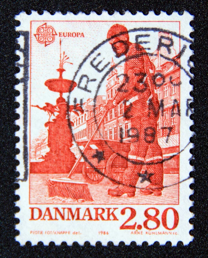 Postage Stamp Denmark, 1986. Roadsweeper Worker Street Editorial Stock ...