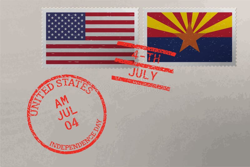 Postage Stamp Envelope with Arizona and USA Flag and 4-th July Stamps ...
