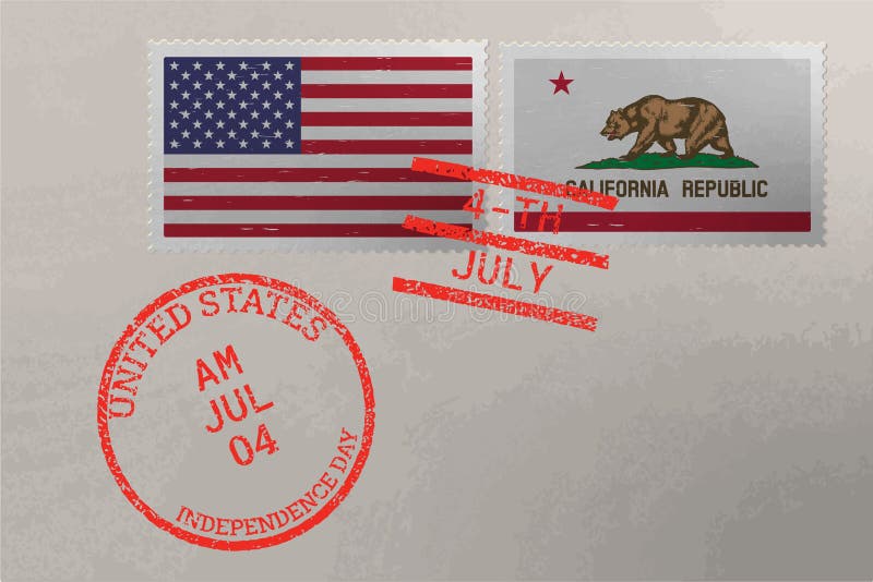 Postage Stamp Envelope with California and USA Flag and 4-th July ...