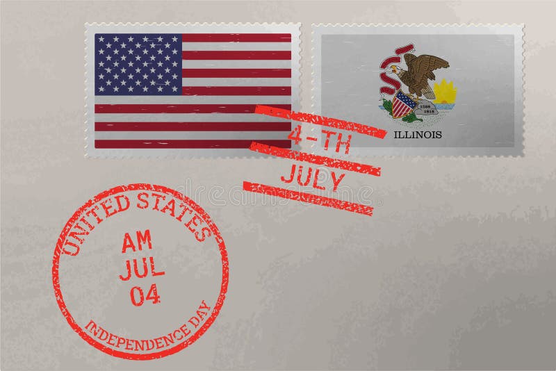 Postage Stamp Envelope with Illinois and USA Flag and 4-th July Stamps ...