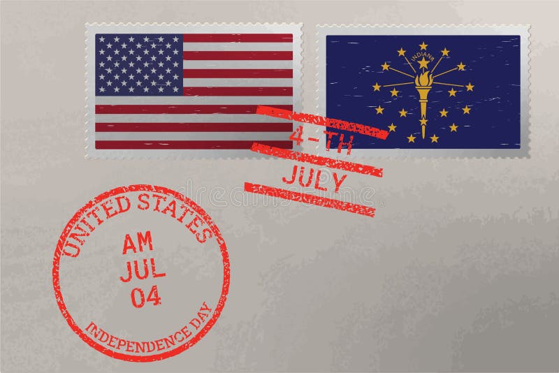Postage Stamp Envelope with Indiana and USA Flag and 4-th July Stamps ...