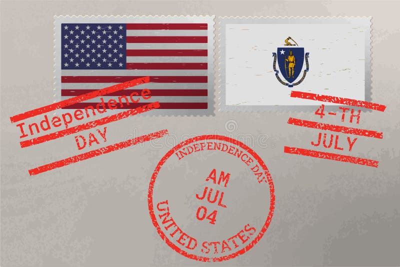 Postage Stamp Envelope with Massachusetts and USA Flag and 4-th July ...