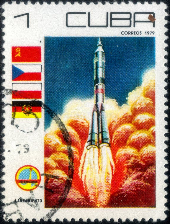 Postage Stamp with the Image of Rocket Launch. from the Series on Space ...